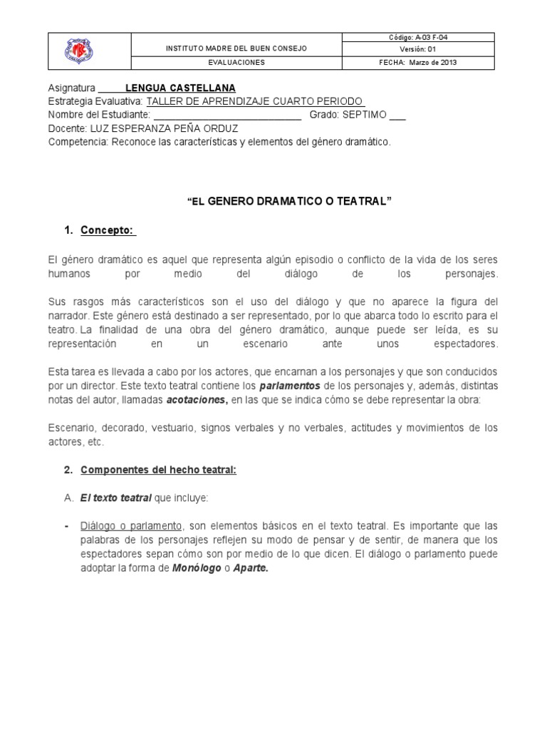 Características del Género Dramático | PDF | Teatro | Comedia