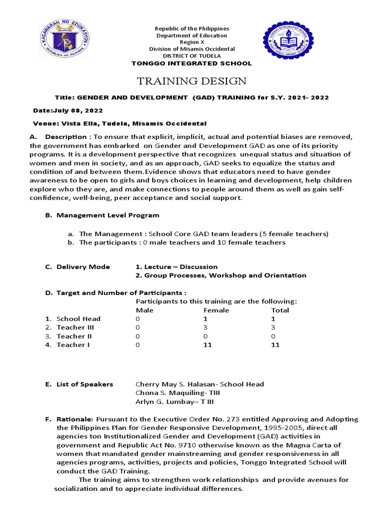 Training Design GAD TIS | PDF | Gender | Gender Studies