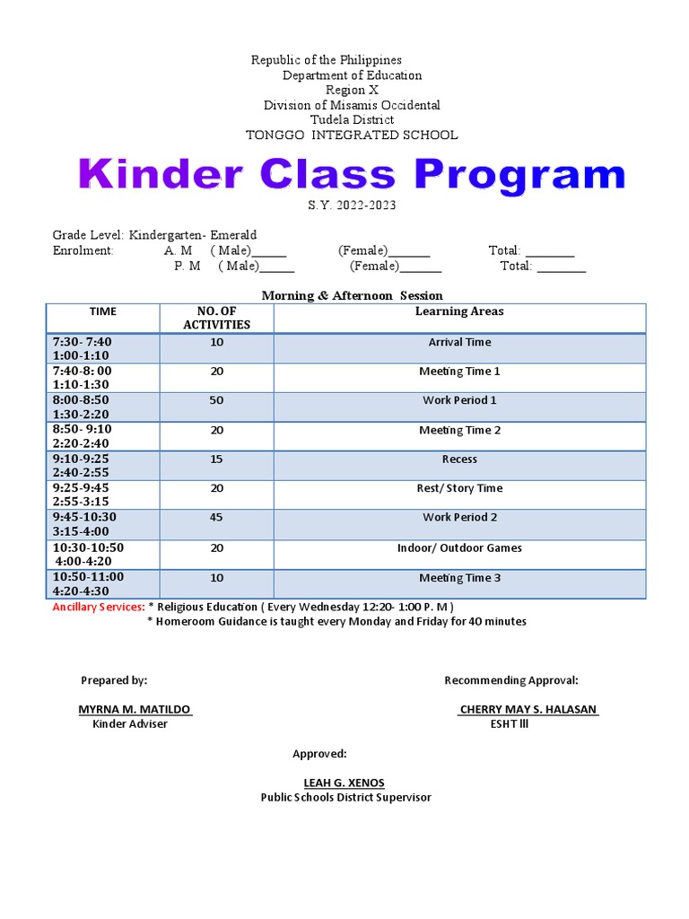 Class Program 2022 - 2023 (Kinder) | Download Free PDF | Schools | Educational Institutions