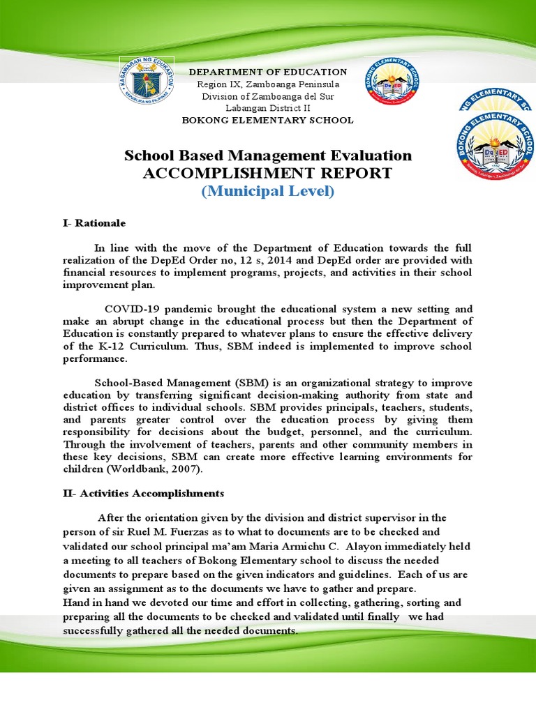 School Based Management Evaluation Accomplishment Report: (Municipal ...