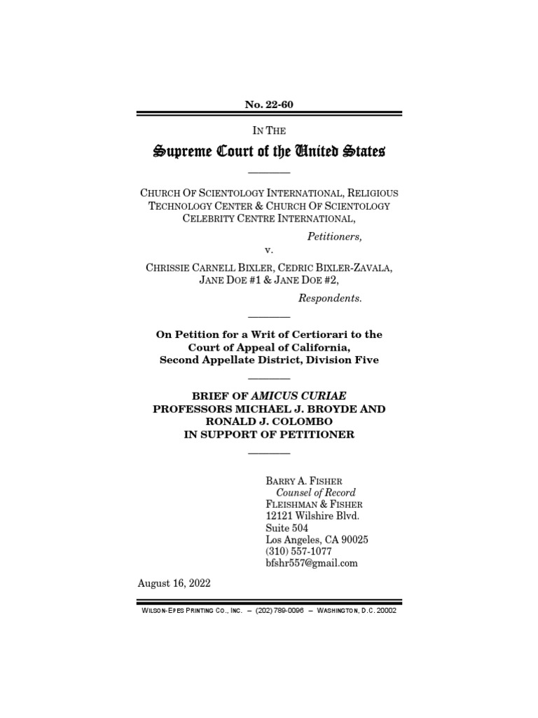 Bixler V Scientology: Amicus Brief From Broyde and Colombo | PDF ...