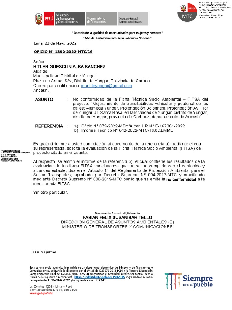 1392 2022 MTC 16 Oficio | Descargar gratis PDF | Gobierno