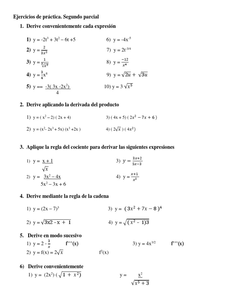 Ejercicios 2do Parcial. Derivadas | PDF