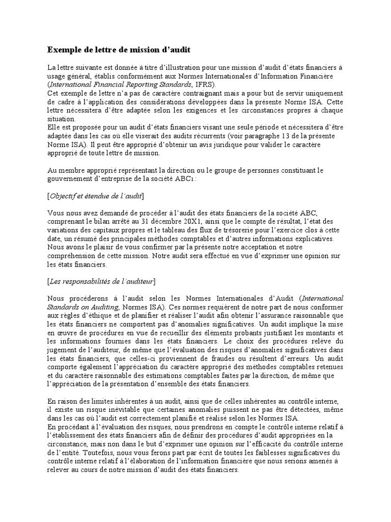 Modèle de Lettre de Mission | PDF | Audit | Normes internationales d ...