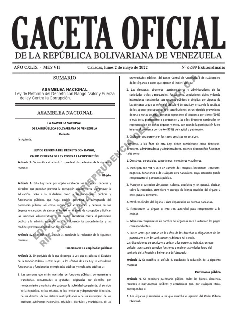 Ley de Reforma Del Decreto Con Rango, Valor y Fuerza de La Ley Contra ...