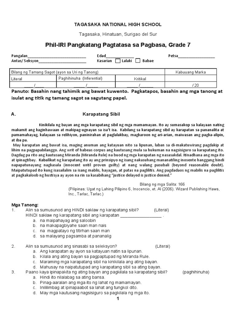 Phil Iri Grade 7 For GST 2 | PDF