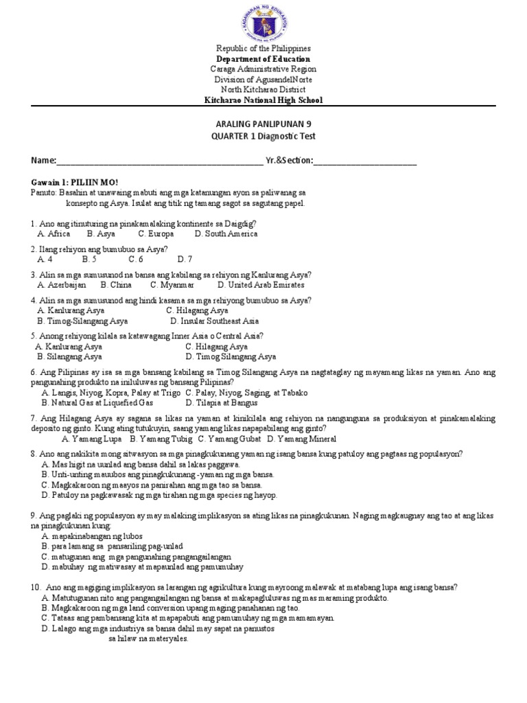 Diagnostic Test - ARALING PANLIPUNAN 9 | PDF