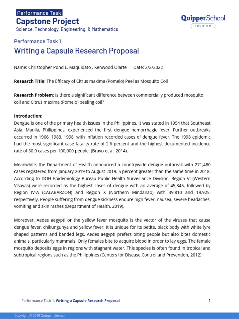 Performance Task 1 Writing A Capsule Proposal | PDF | Aedes Aegypti | Yellow Fever