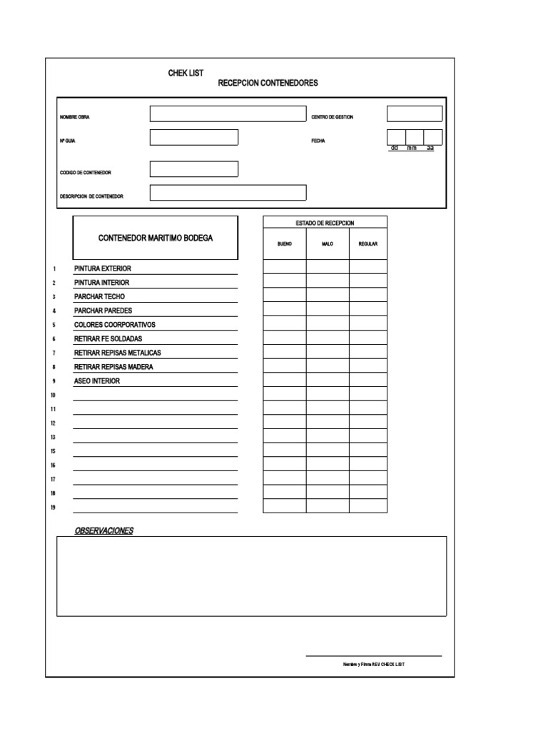 Check List Recepcion Contenedores | PDF