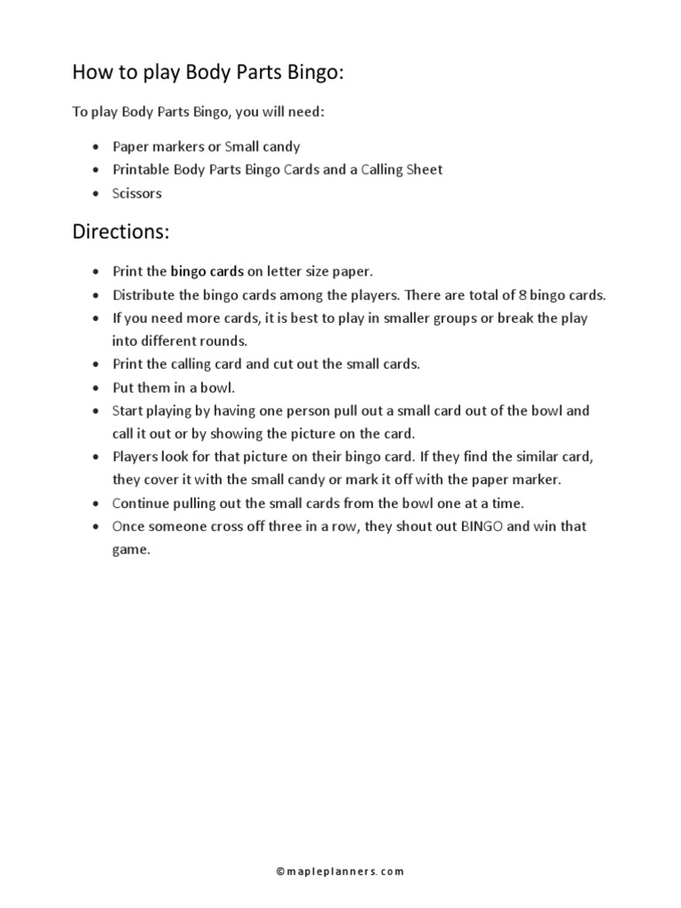 How To Play Body Parts Bingo | PDF