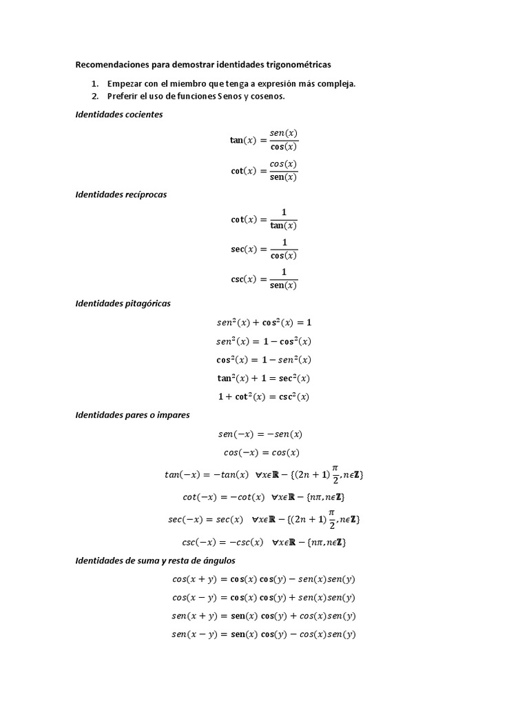 Identidades Trigonométricas Pdf Funciones Trigonométricas Álgebra
