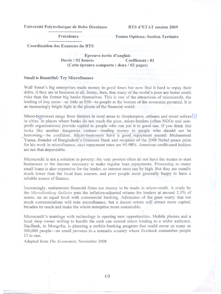 Epreuve Écrite D'anglais (BTS 2009) | PDF | Microcredit | Microfinance