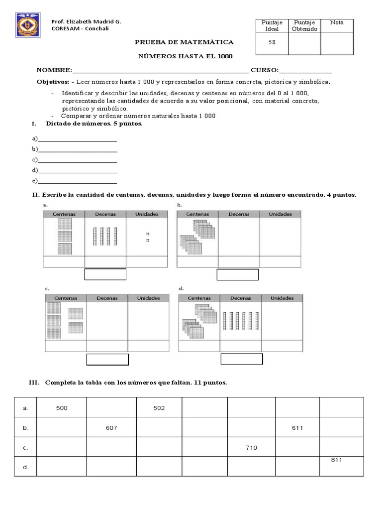 Prueba de matemática sobre números hasta 1.000 para estudiantes de ...