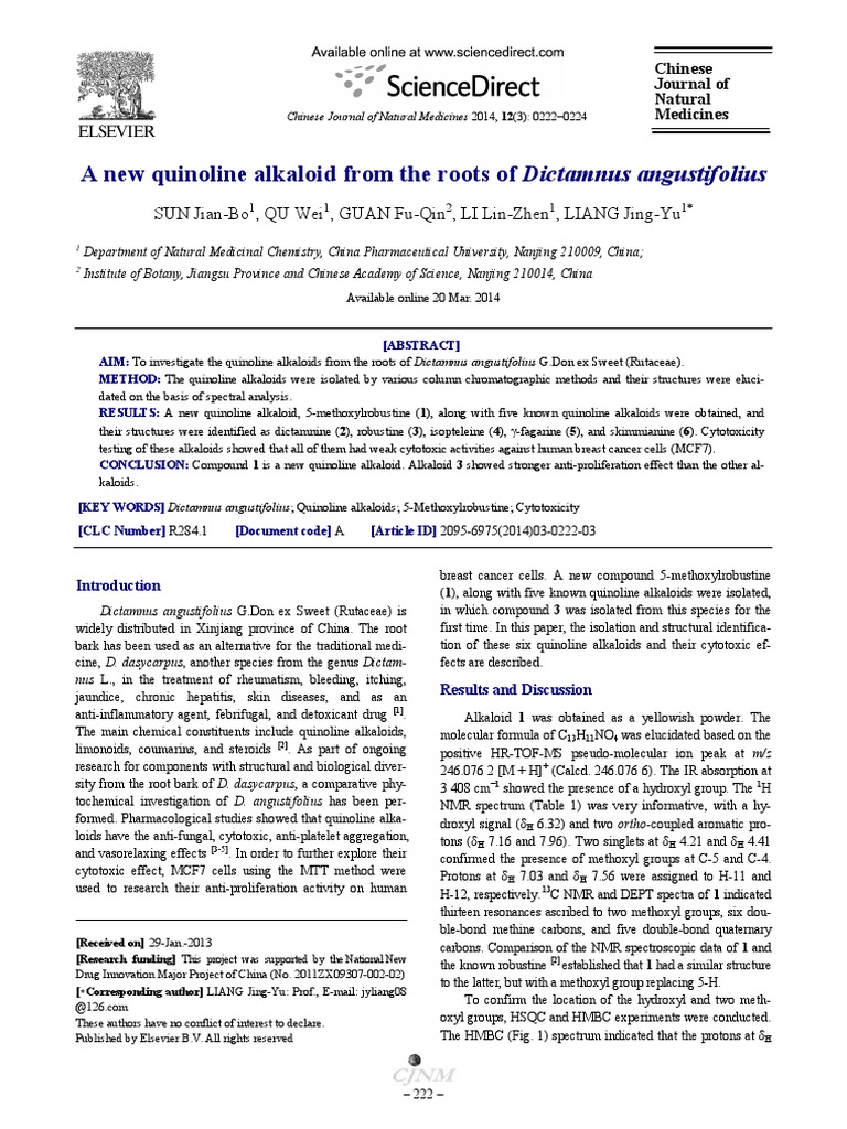 A New Quinoline Alkaloid From The Roots of Dictamnus Angustifolius ...