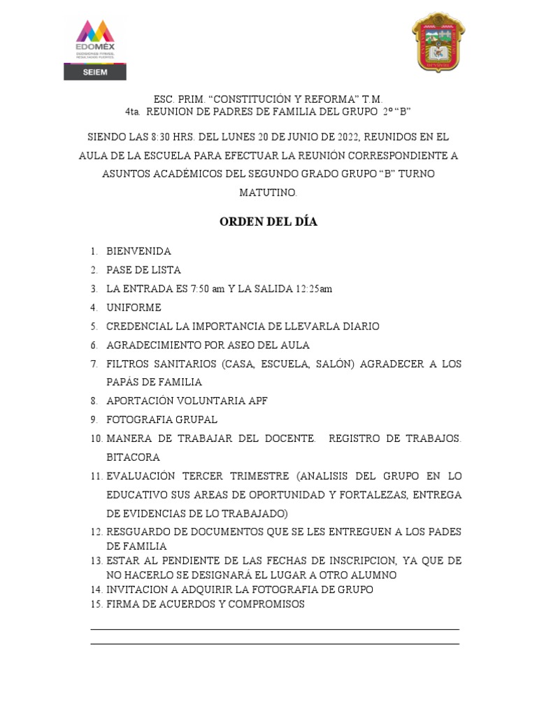 Orden Del Dia Reunion de Padres de Familia | PDF | Ciencias sociales ...