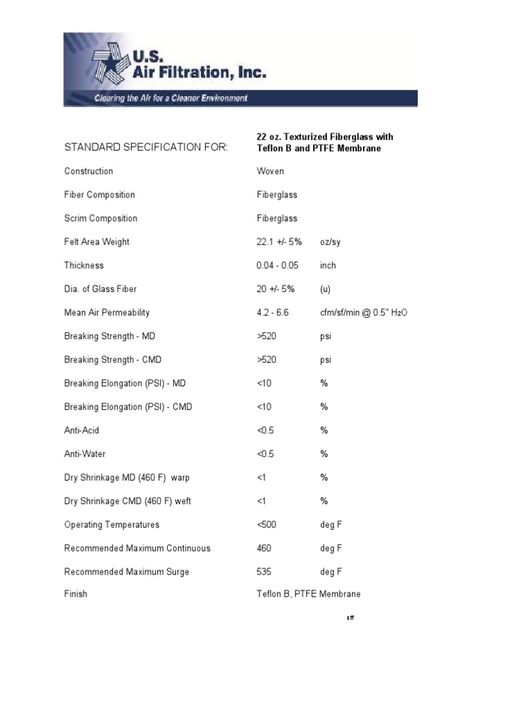Ficha Técnica 22 Oz Texturized Fiberglass With Teflon B and PTFE ...