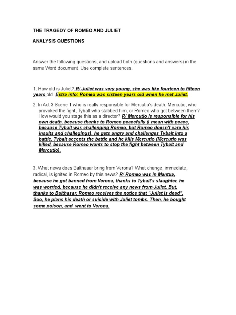 The Tragedy of Romeo and Juliet Analysis Questions | PDF | Characters ...
