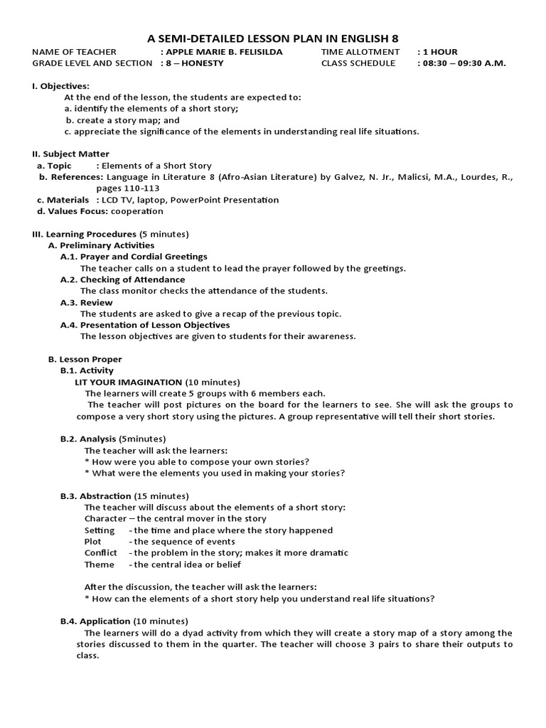 Semi-Detailed Lesson Plan in Elements of A Short Story | PDF | Lesson ...