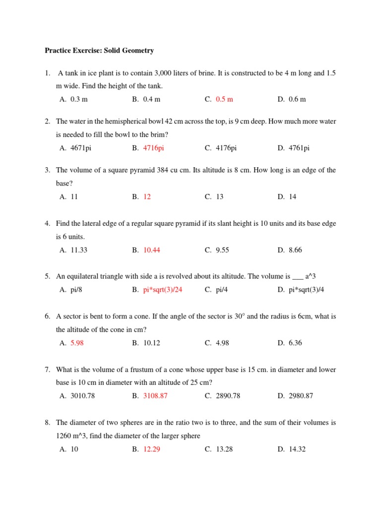 Practice Exercise - Solid Geometry | PDF | Ellipse | Sphere