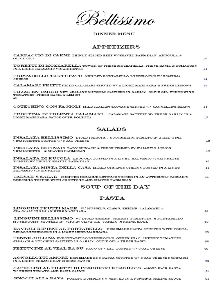 Bellissimo DINNER Menu July 2022 | PDF | Vinaigrette | Pasta