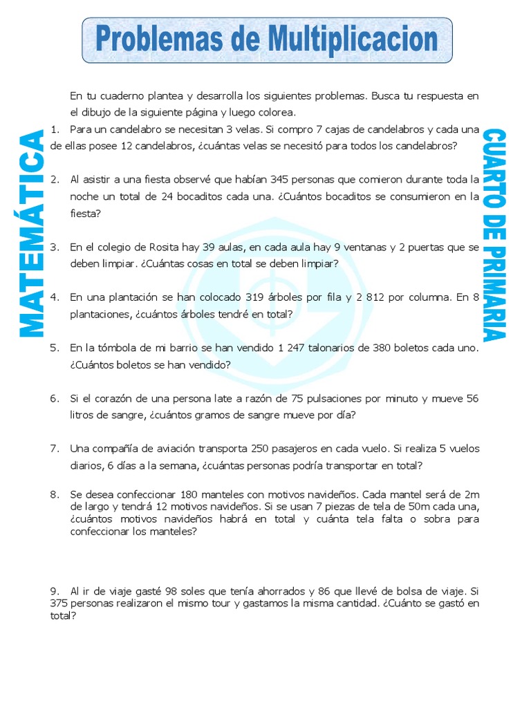 Ficha Problemas de Multiplicacion para Cuarto de Primaria | PDF