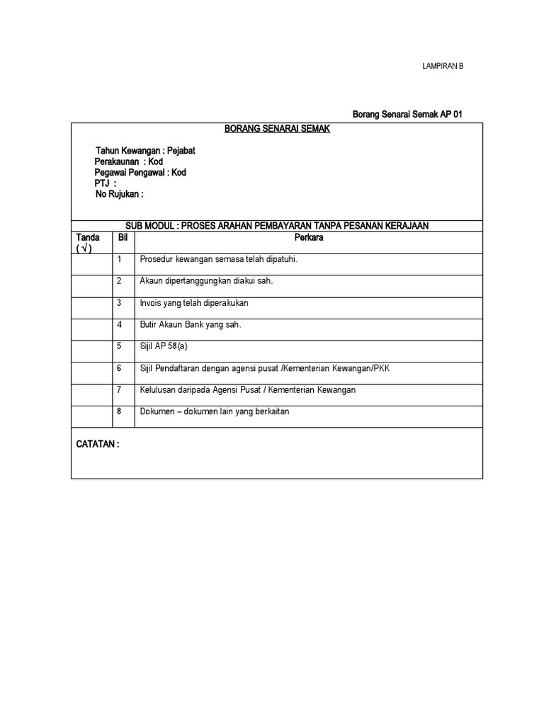 Borang Senarai Semak AP 01 Arahan Pembayaran Tanpa Pesanan Kerajaan | PDF