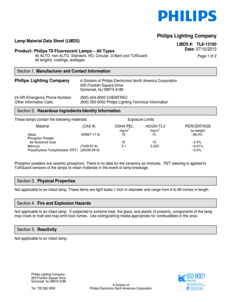 MSDS of Fluorescent T8 Lamps | PDF | Safety | Occupational Safety And ...
