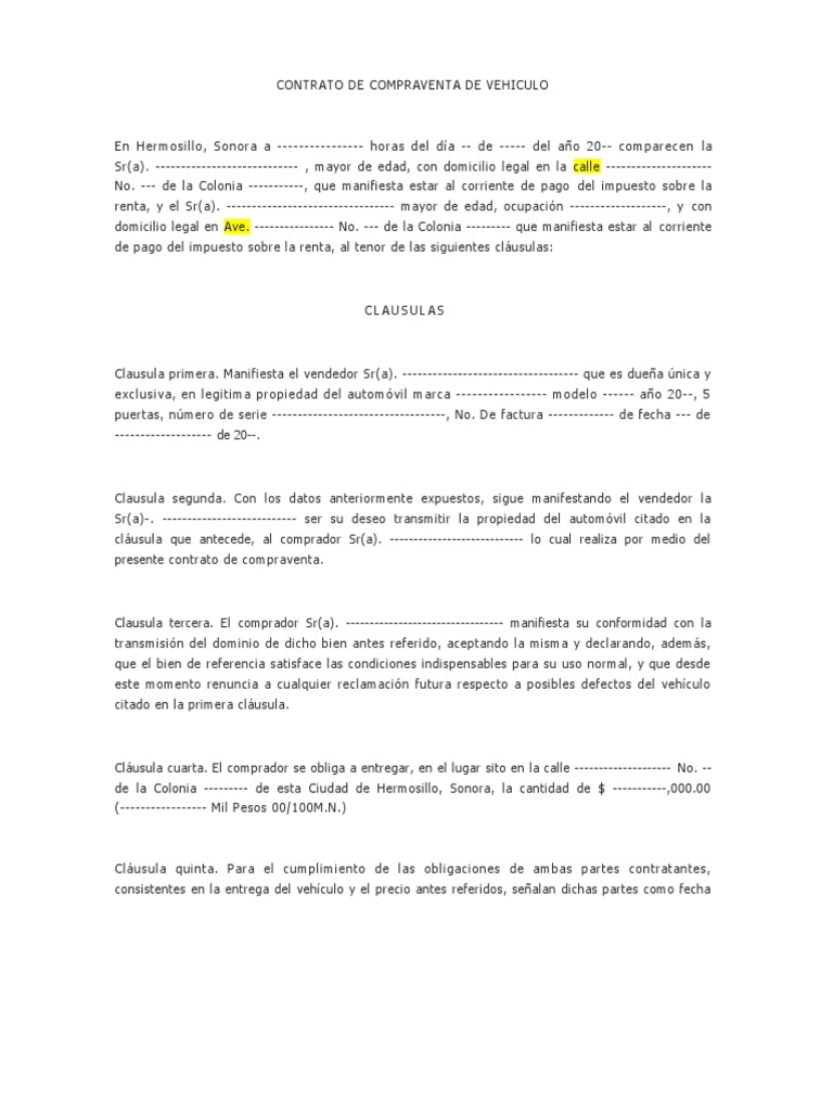 CONTRATO DE COMPRA-VENTA CARRO - Formato | PDF