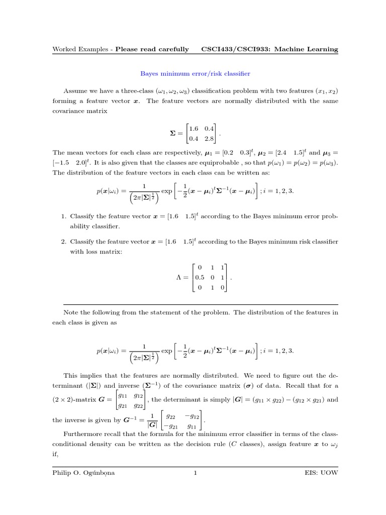Worked Example Bayes Minimum | PDF | Statistical Classification | Mathematics