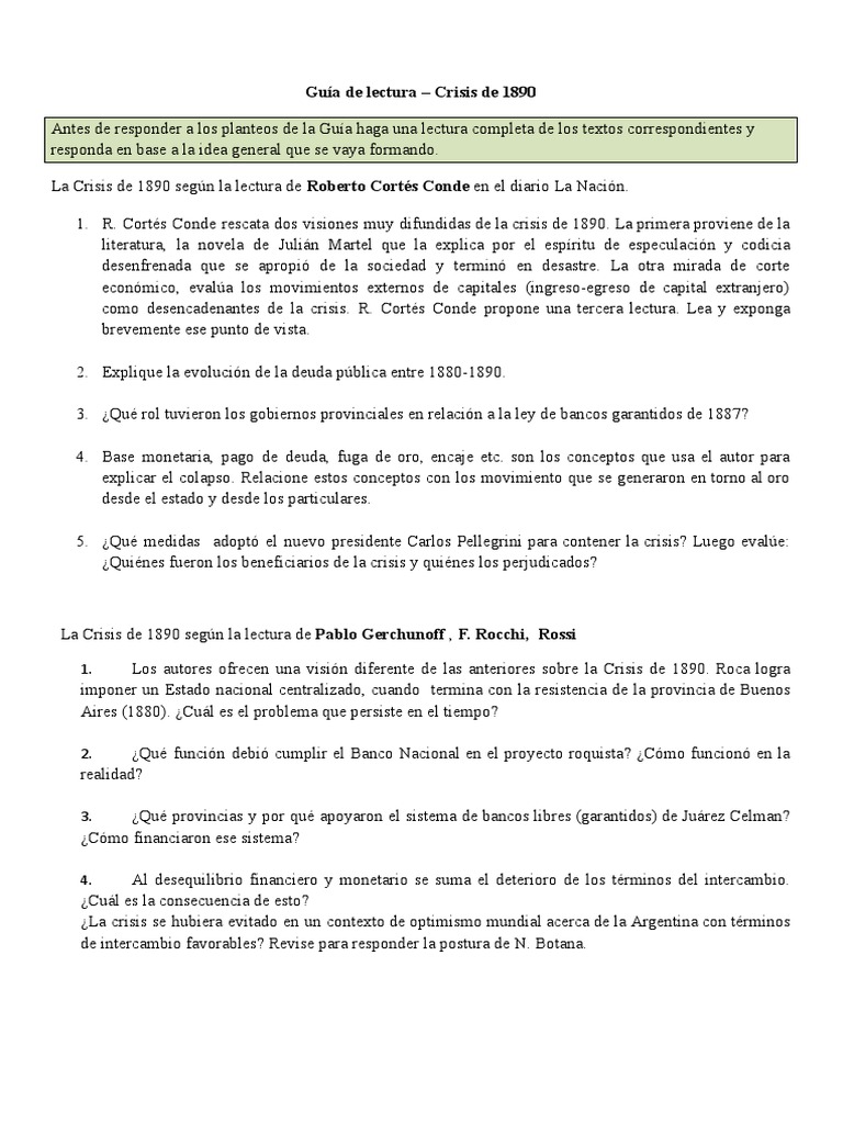 MAE - Guía de Lectura Crisis 1890 | PDF