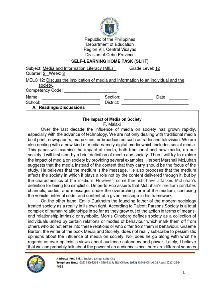 Self-Learning Home Task (SLHT) : The Impact of Media On Society | PDF ...