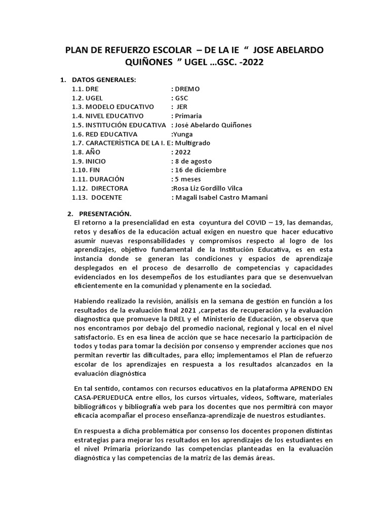 Plan De Refuerzo Escolar Magali Pdf Evaluación Método De Enseñanza