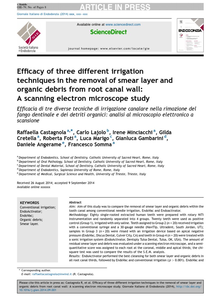 Efficacy of Three Different Irrigation Techniques in The Removal of Smear Layer and Organic ...