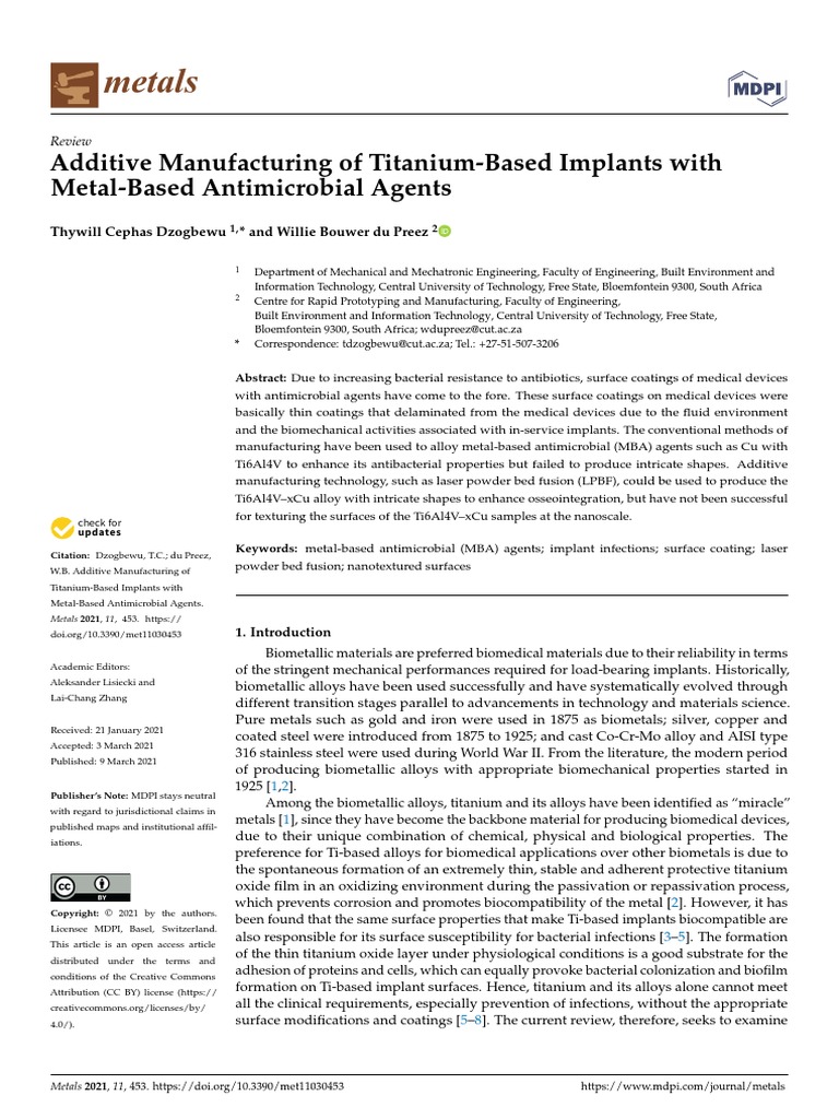 Metals: Additive Manufacturing of Titanium-Based Implants With Metal-Based Antimicrobial Agents ...