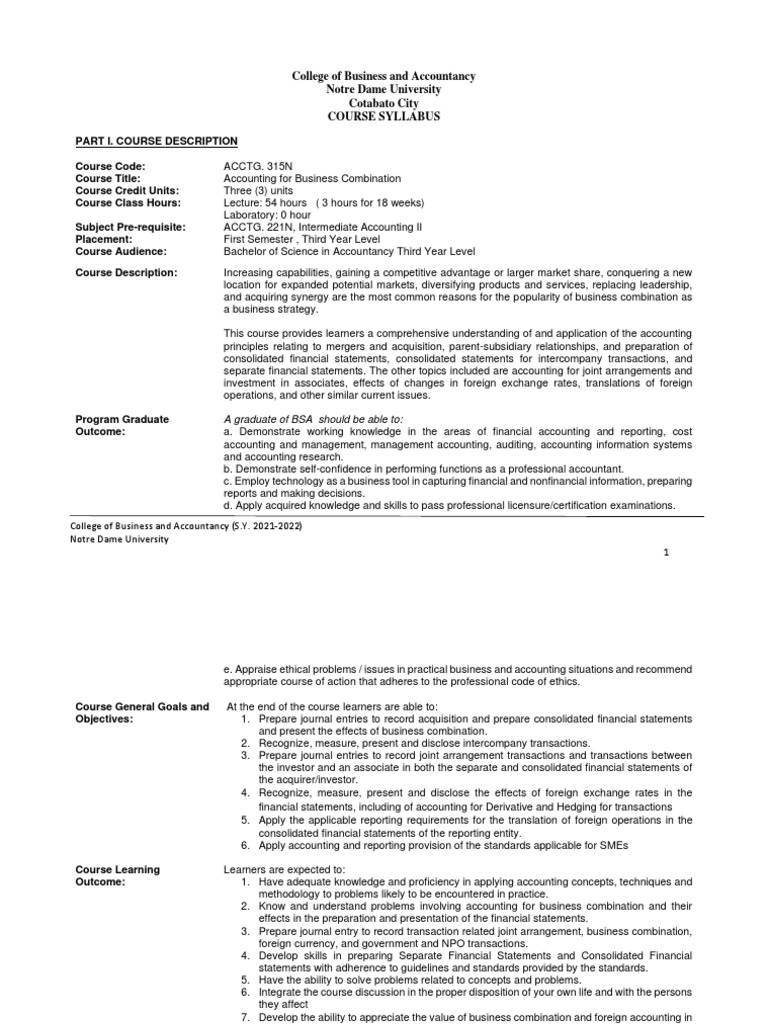 ACCTG. 315N Accounting For Business Combinations COURSE SYLLABUS 2021 ...
