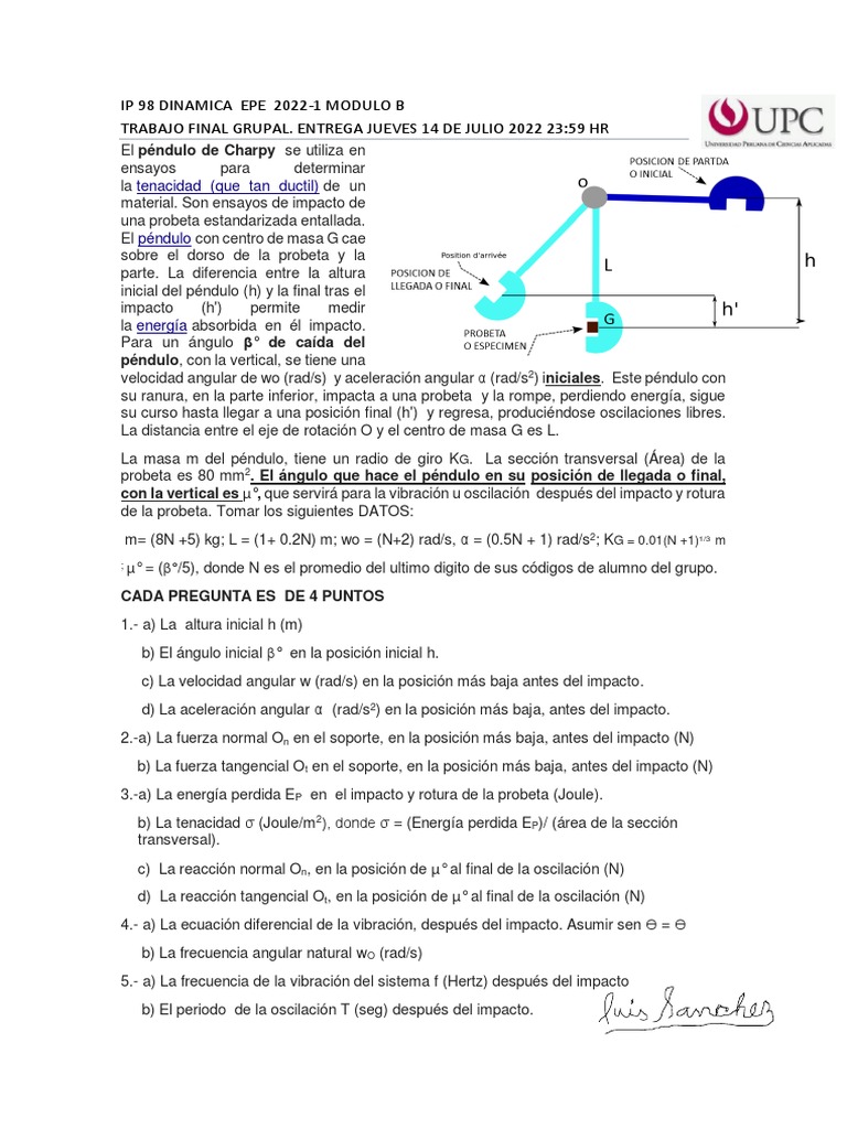 IP 98 TRABAJO FINAL DINAMICA EPE 2022 - 1 Modulo B - Signed | PDF | Péndulo | Oscilación