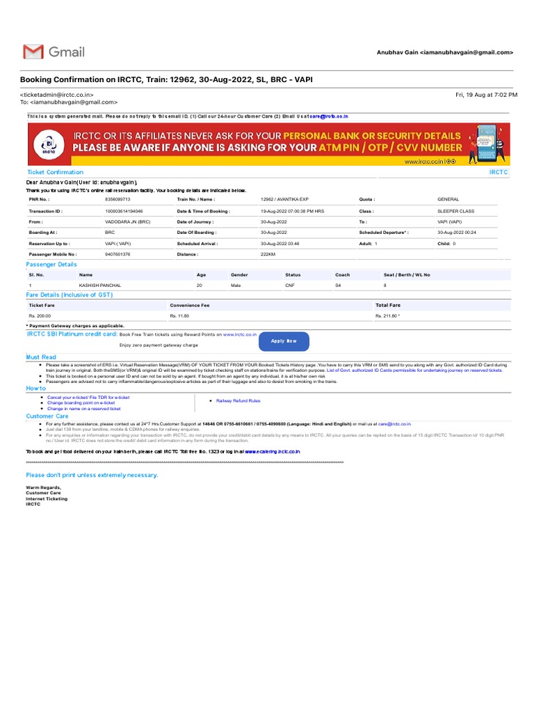 Booking Confirmation On IRCTC, Train 12962, 30-Aug-2022, SL, BRC - VAPI ...