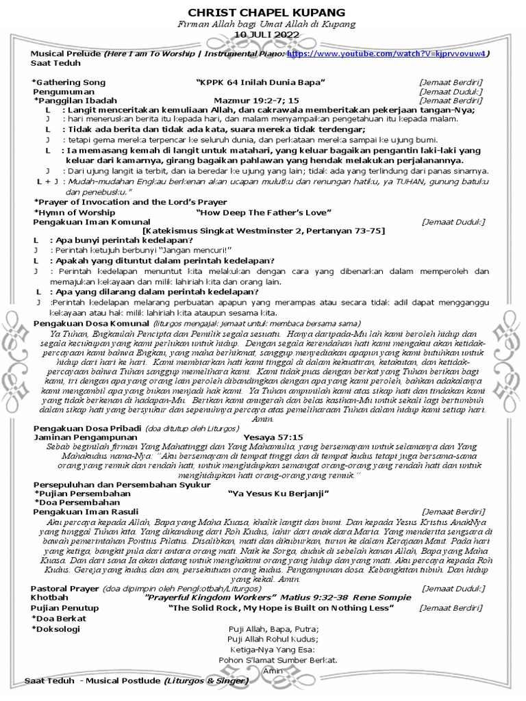 Liturgy Christ Chapel Kupang 10 JULI 2022 | PDF