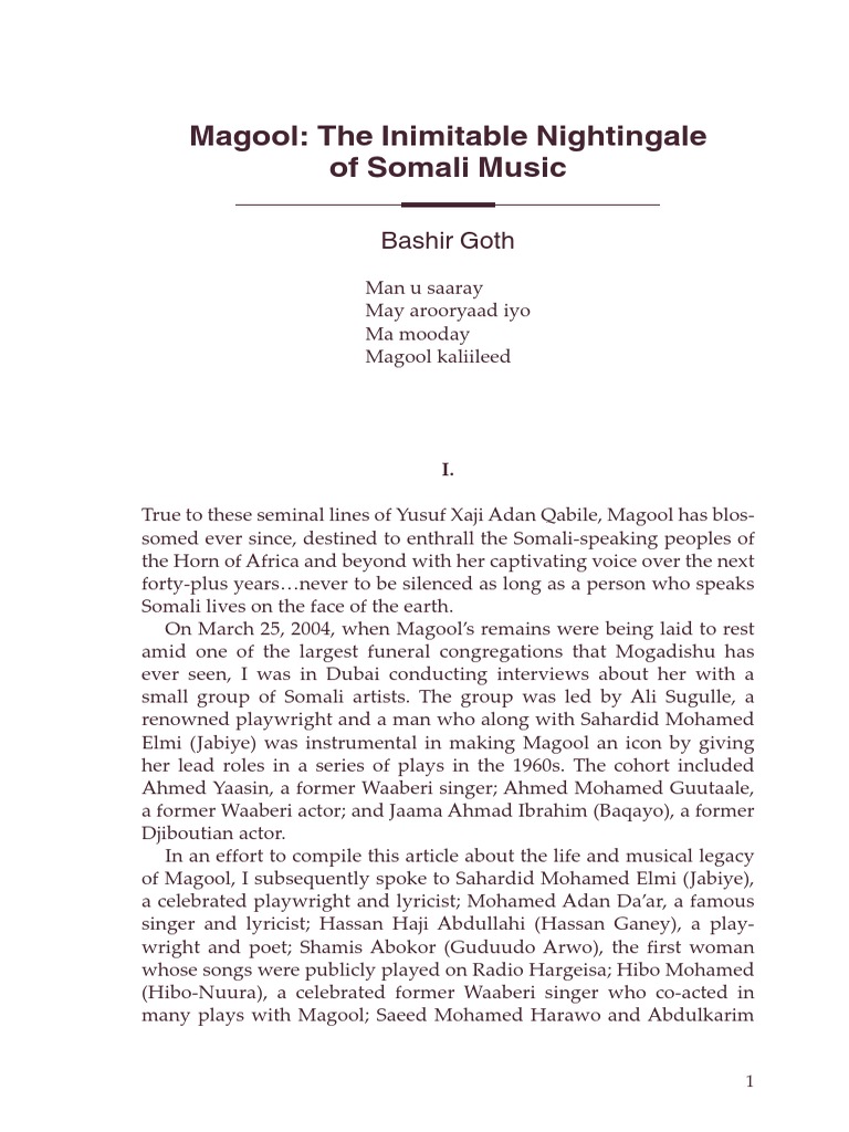 Magool: Icon of Somali Music Legacy | PDF | Somalia | Mogadishu