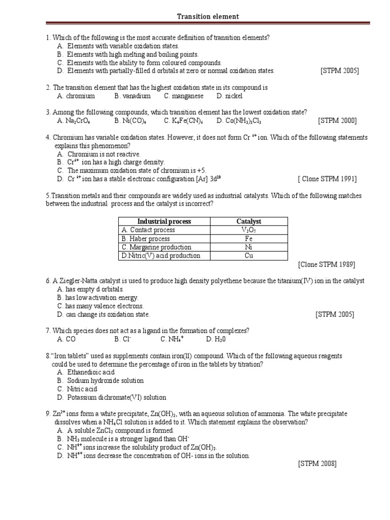 Transition Element-Past Years Questions | PDF | Transition Metals | Chromium