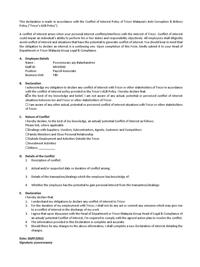 D2.1 Tricor MY Declaration of Interest Form Signed | PDF | Conflict Of ...