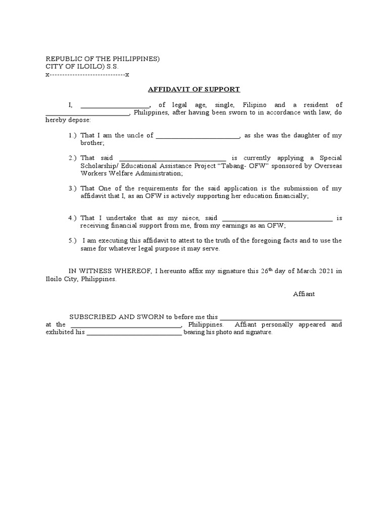 Affidavit of Support: Bearing His Photo and Signature | PDF