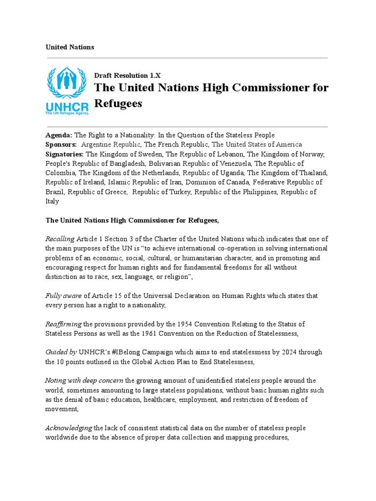 Draft Resolution - Bloc 1 - UNHCR | PDF | Nationality | International ...