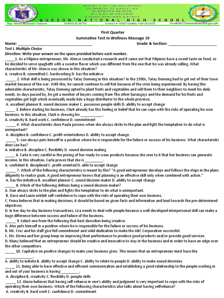 First Quarter Summative Test in Wellness Massage 10 Name: - Grade ...