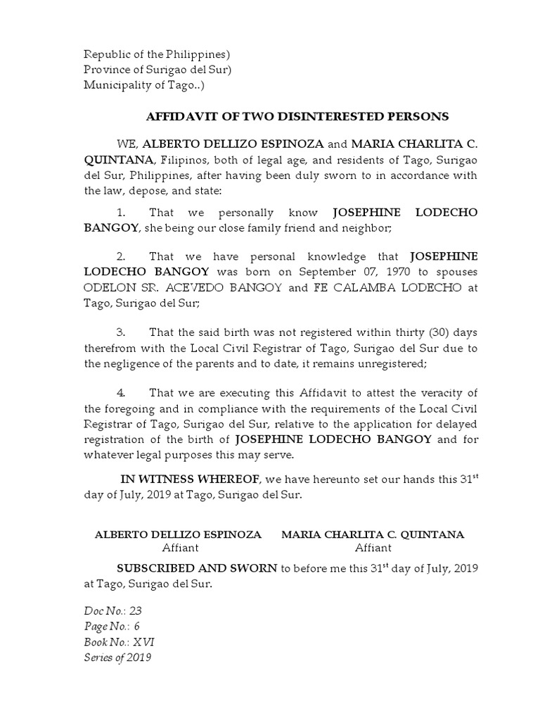 Affidavit of Two Disinterested Persons | PDF