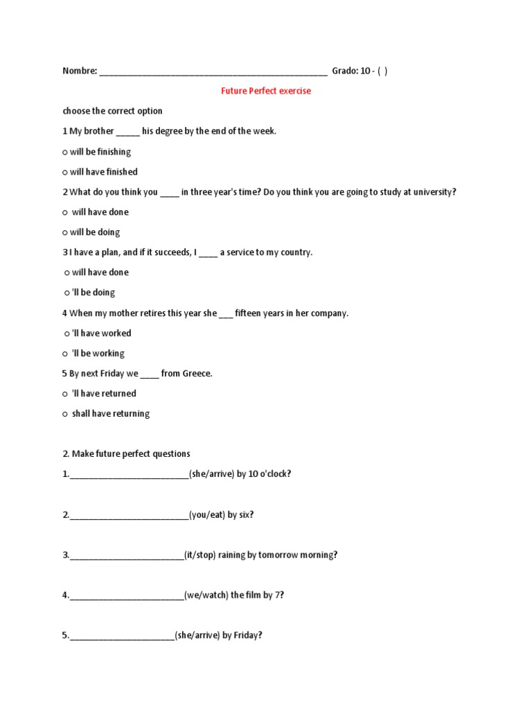 Future perfect exercise (1) | PDF