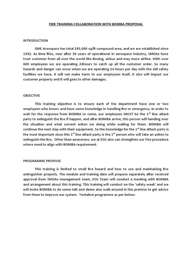 Fire Training Collaboration With Bomba Proposal | PDF | Aerospace | Fires