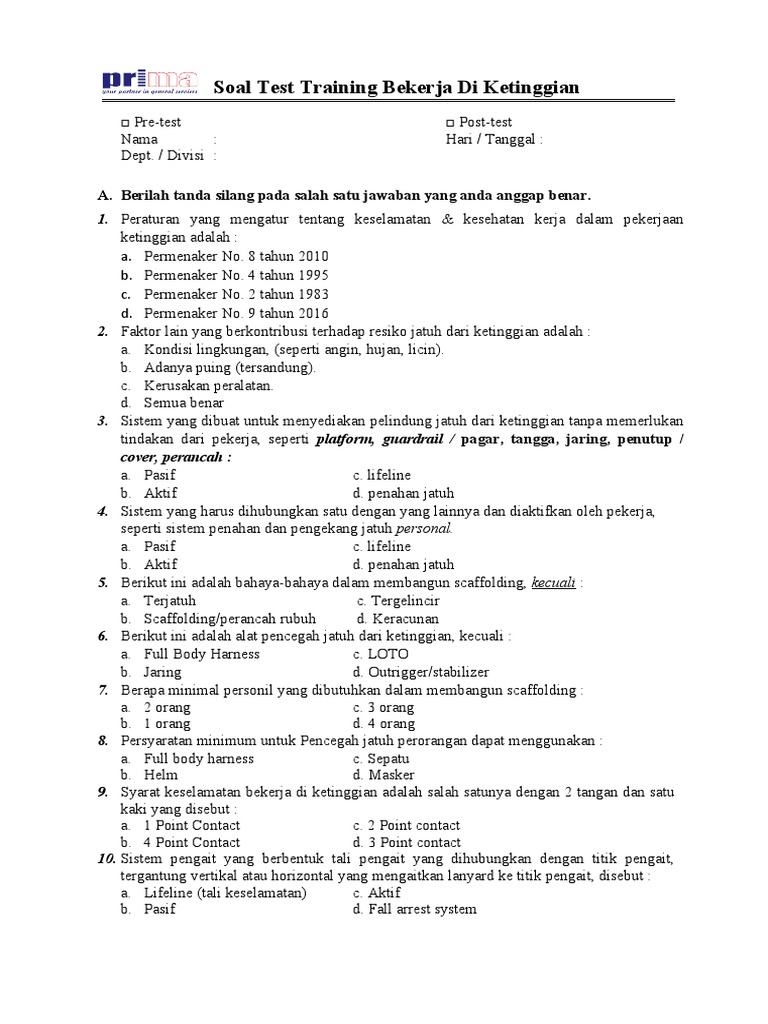 Soal Pre-Post Bekerja Di Ketinggian | PDF