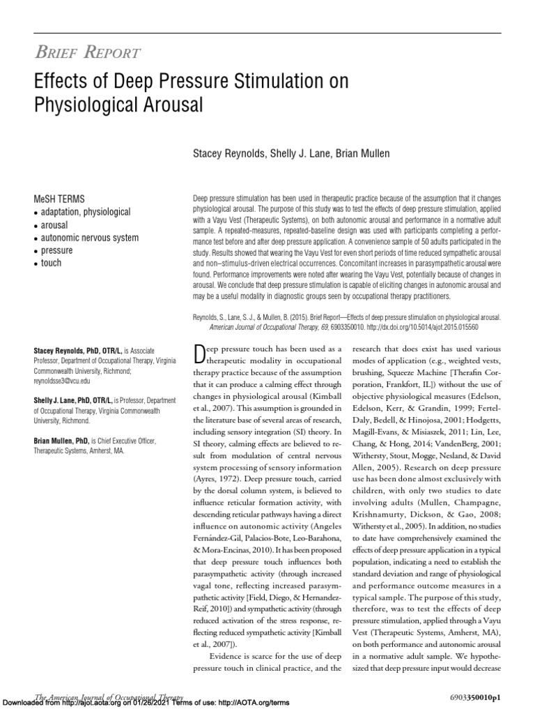 Deep Pressure Stimulation with Vayu Vest | PDF | Autonomic Nervous ...