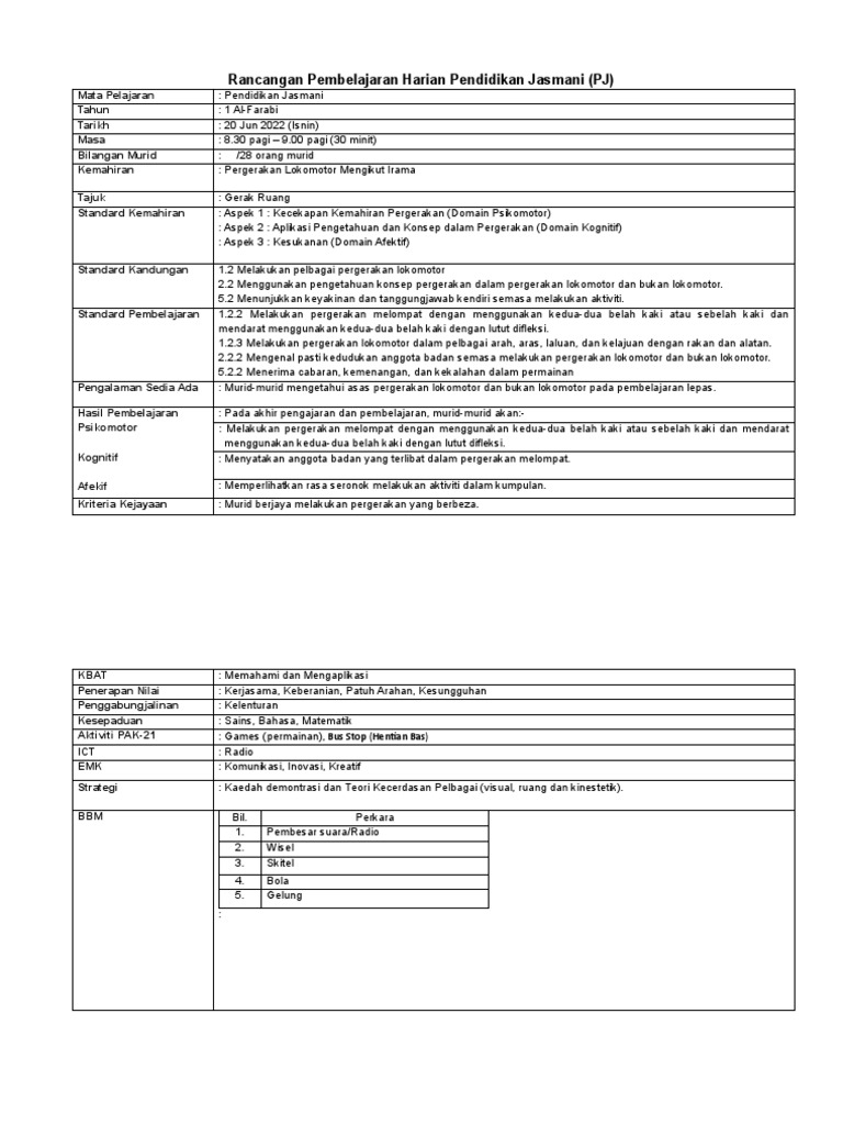 RPH Pendidikan Jasmani Tahun 1 | PDF